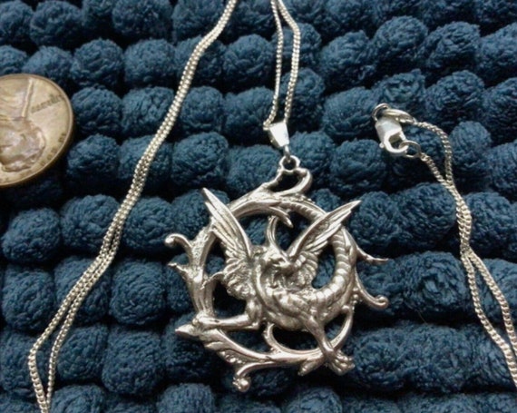 Sterling silver reticulated dragon old pendant charm - Gem