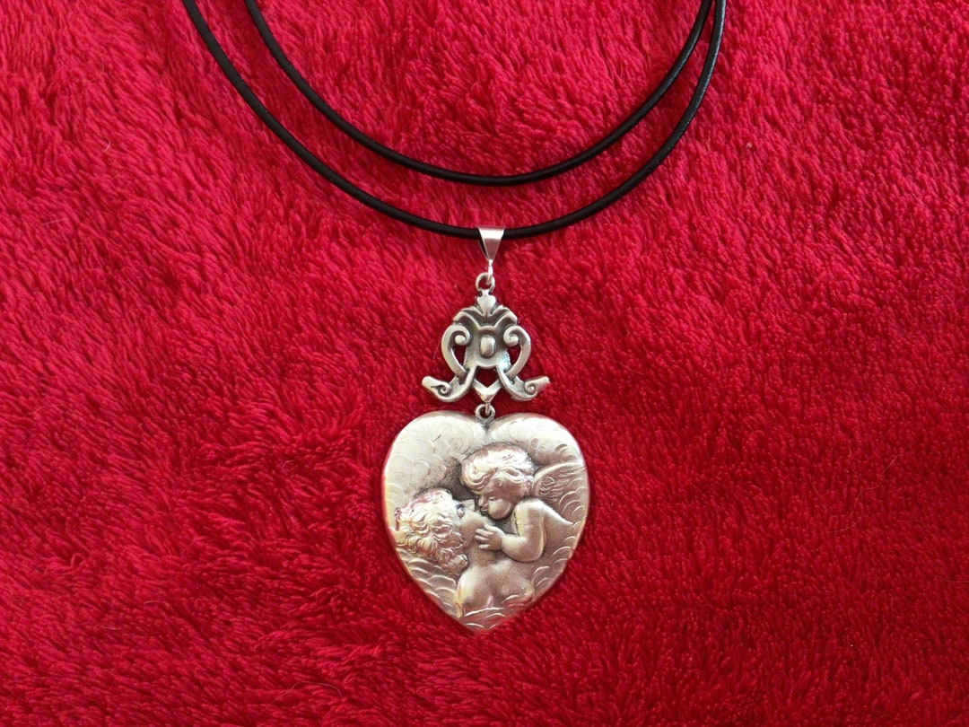 Solid Sterling Silver Psyche Cupid Kiss Heart 20” Pendant Necklace ...
