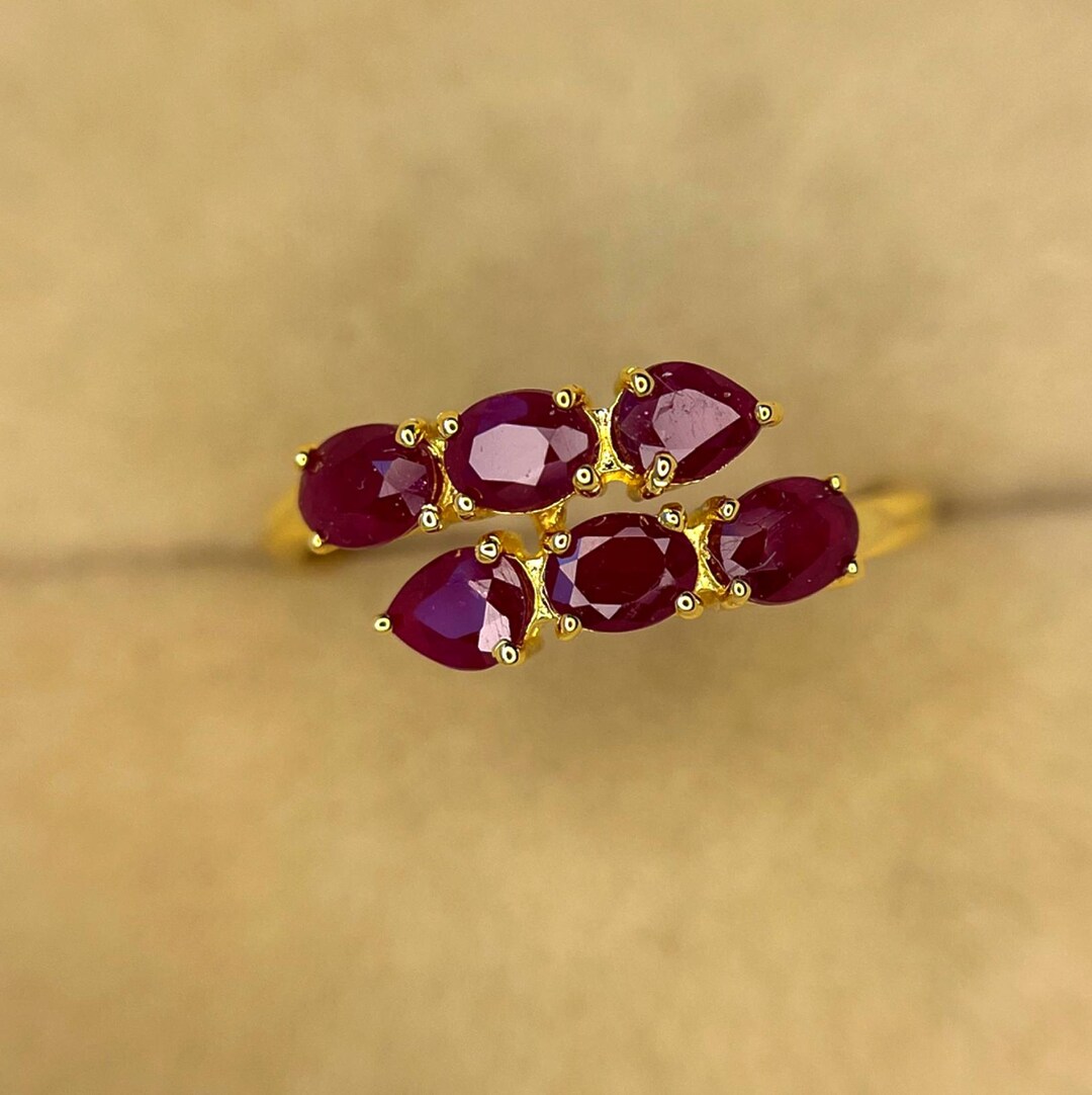 14k Gold Red Ruby Wedding Ring, Elegant Ruby Six Stone Band Engagement ...