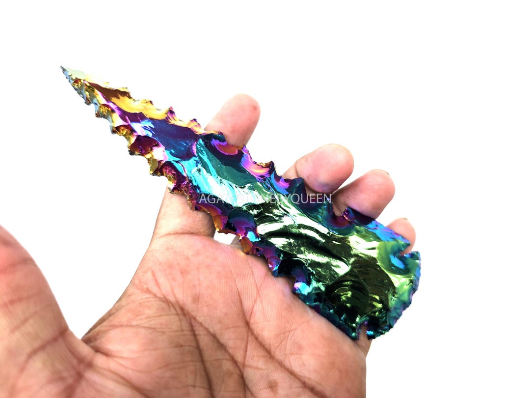 Rainbow Aura Obsidian Arrowhead: Titanium Coated Crystal Knife, Chakra ...