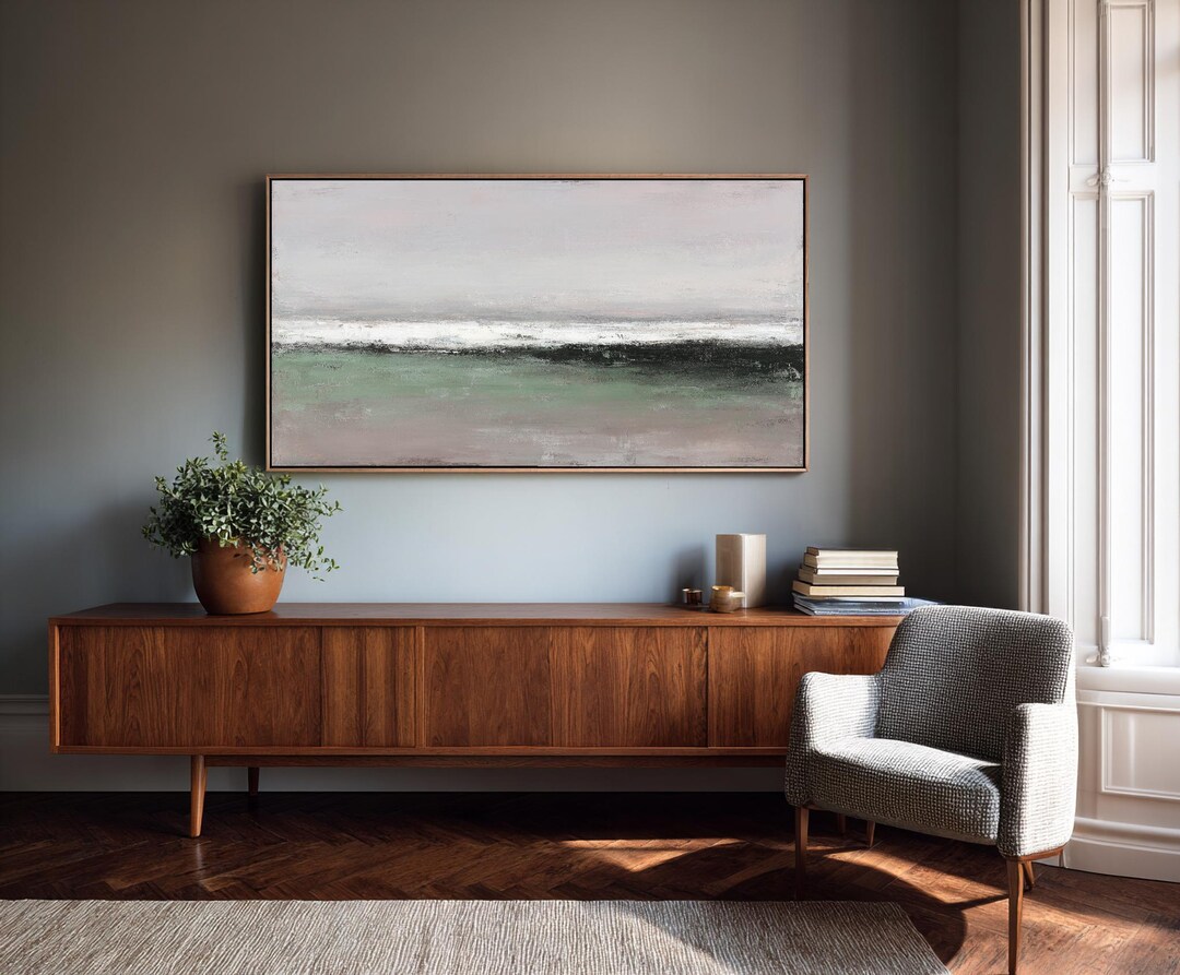 Green and Gray Modern Seascape Art, Calming Ocean Abstract Landscape ...