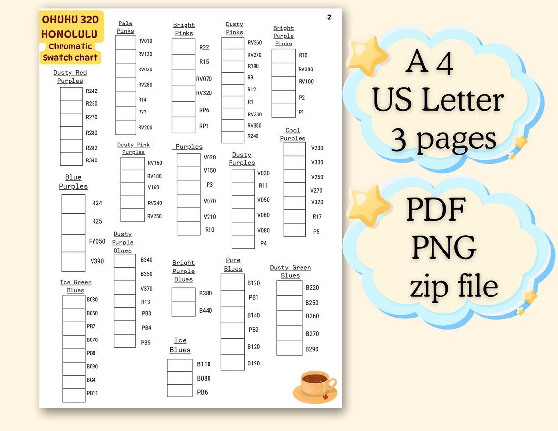 Printable Ohuhu 320 Honolulu Marker Swatch Chart, Chromatic Color Test ...