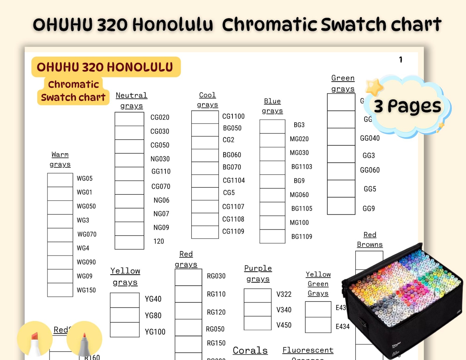 Printable Ohuhu 320 Honolulu Marker Swatch Chart, Chromatic Color Test ...