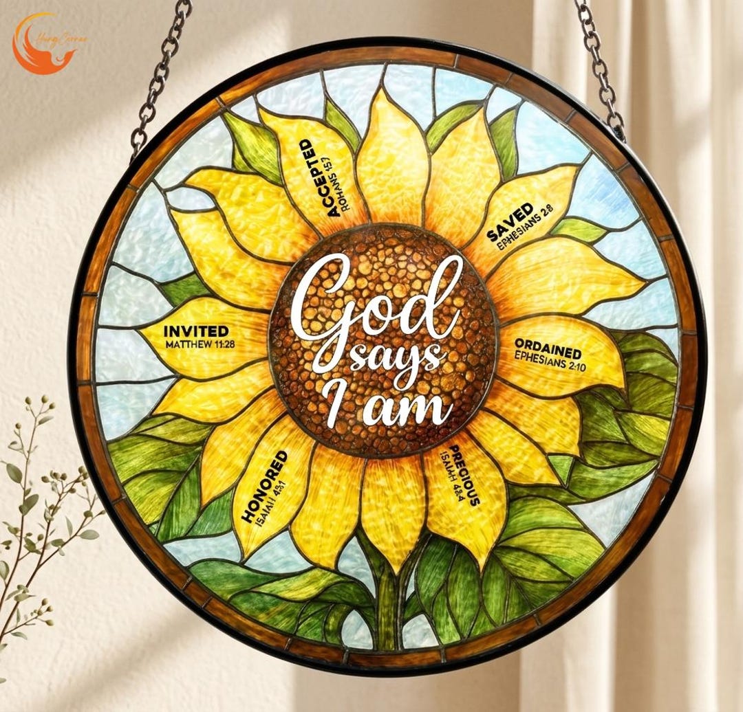 Christian Sunflower Suncatcher, God Says I Am Stained Glass Style ...
