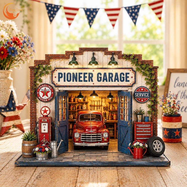 Handcrafted Miniature Vintage Garage Scene With Retro Red Pickup Truck ...
