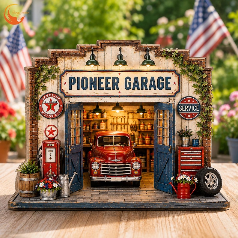 Handcrafted Miniature Vintage Garage Scene With Retro Red Pickup Truck ...