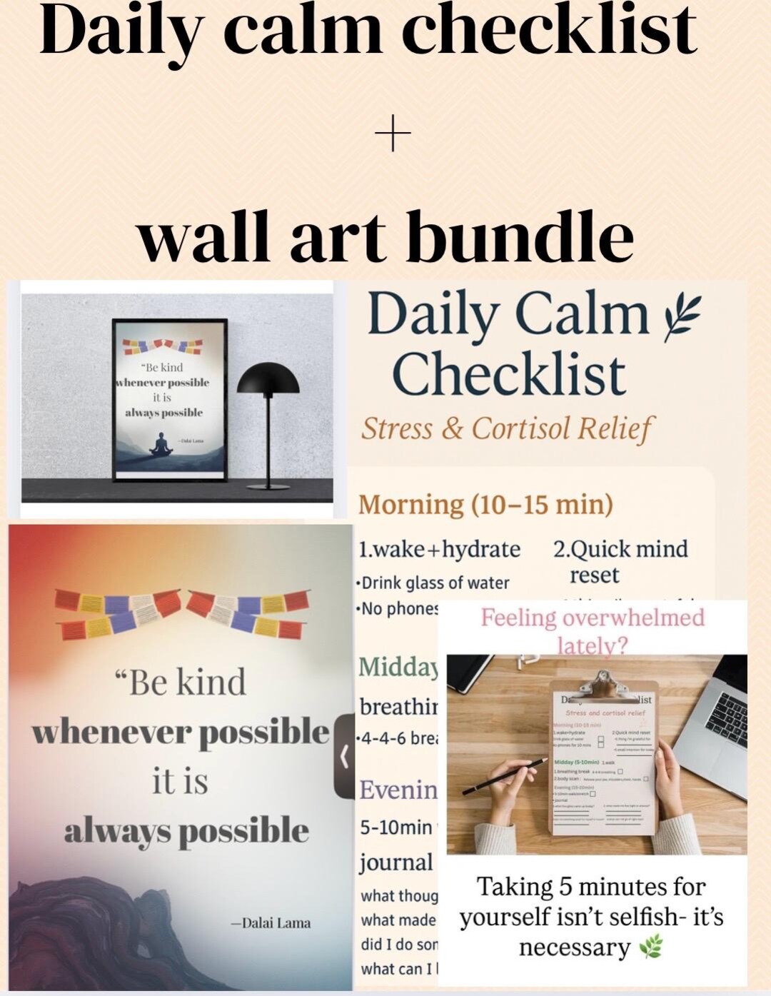 Mindfulness Wall Art Set | 'be Kind' Quote & Daily Calm Checklist ...