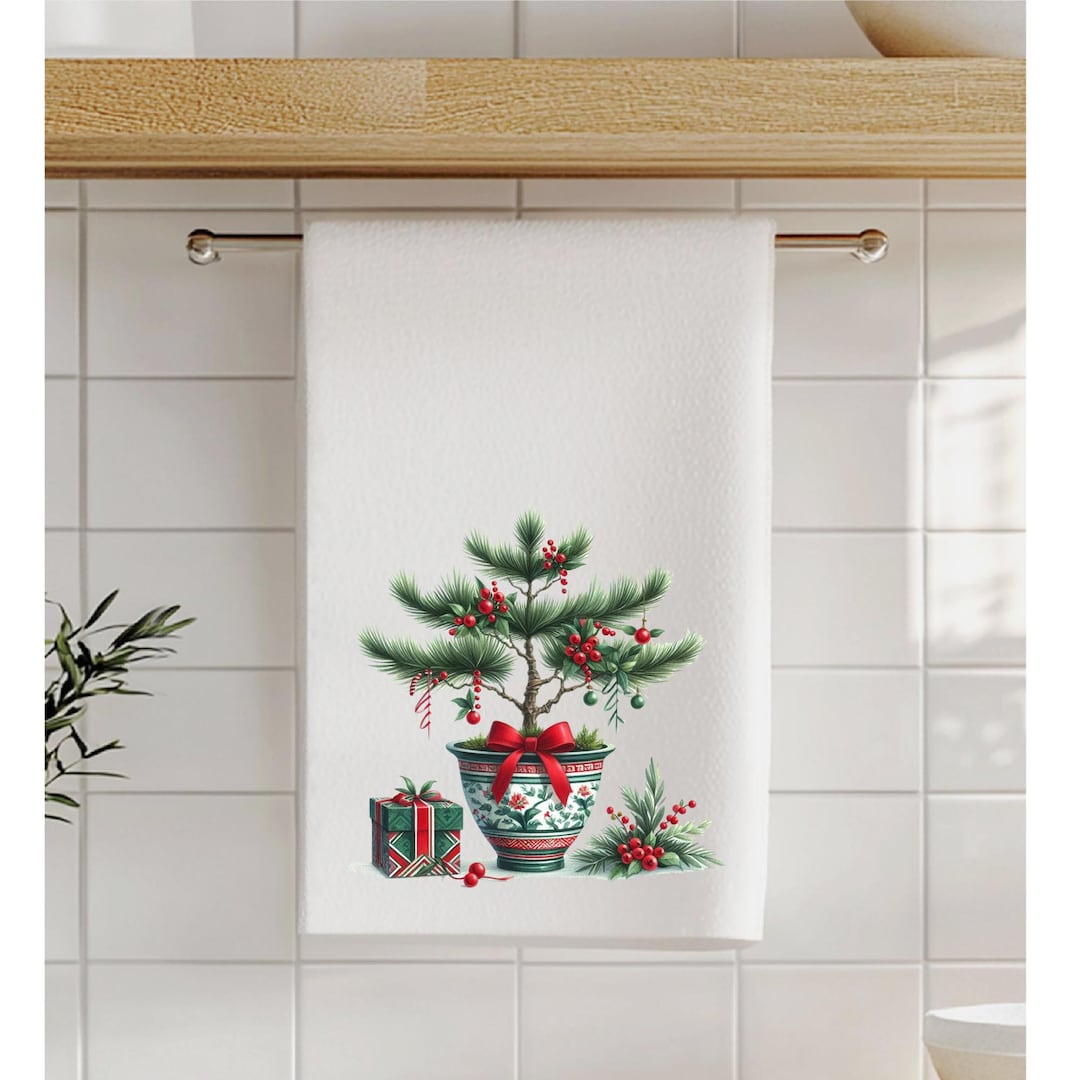 Bonsai Christmas Tree Tea Towel | Cotton Kitchen Towel - Etsy