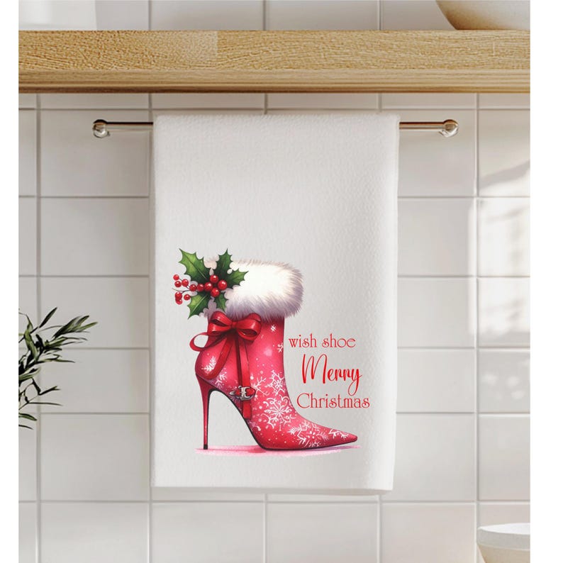 Red High Heel Christmas Boot Tea Towel | Holiday Holly Illustration - Etsy