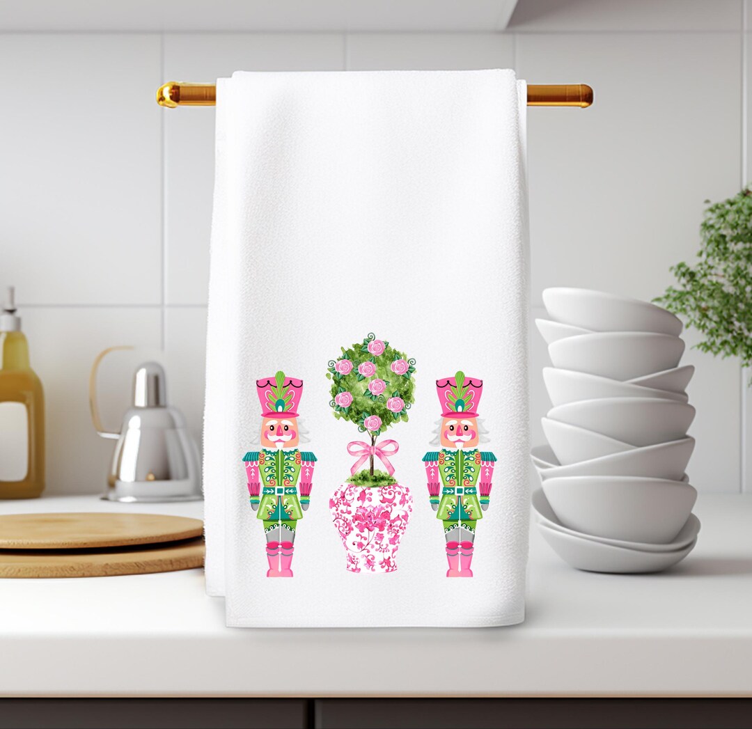 Pink Green Floral Nutcracker Kitchen or Bath Hand Towel, Holiday Home ...
