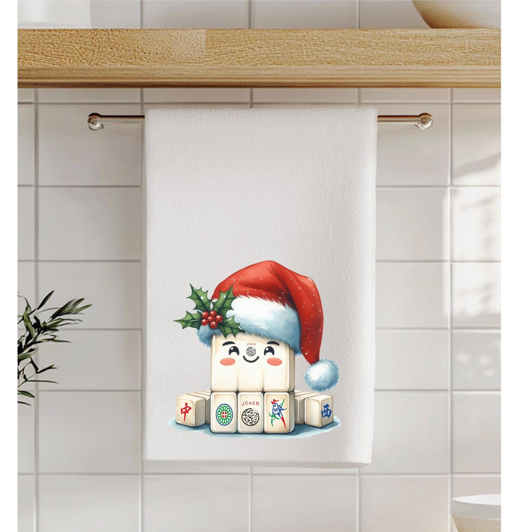 Mahjong Snowman Dice With Santa Hat Tea Towel | Christmas Kitchen Decor ...