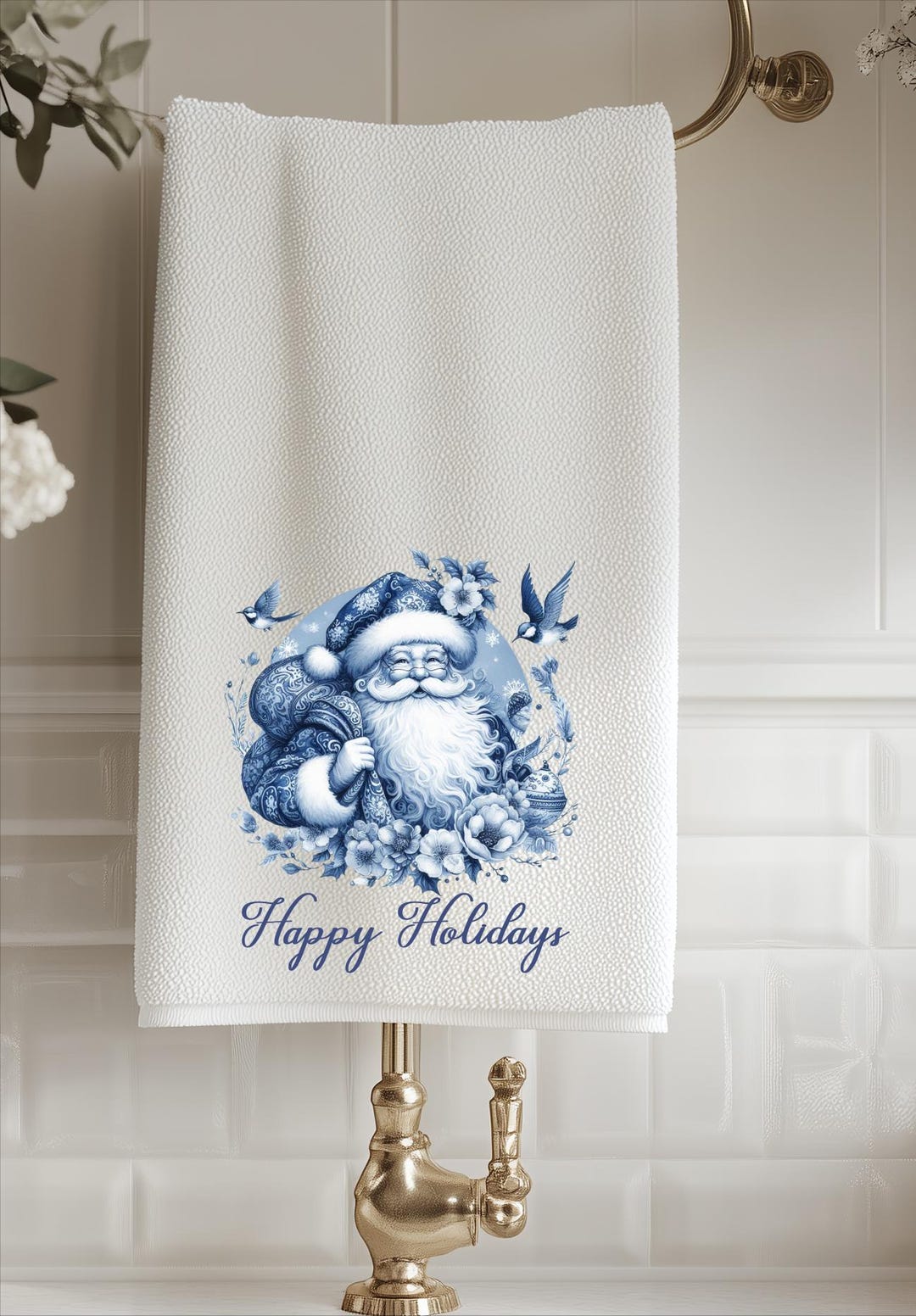 Blue Toile Chinoiserie Vintage Santa Kitchen or Bath Hand Towel ...