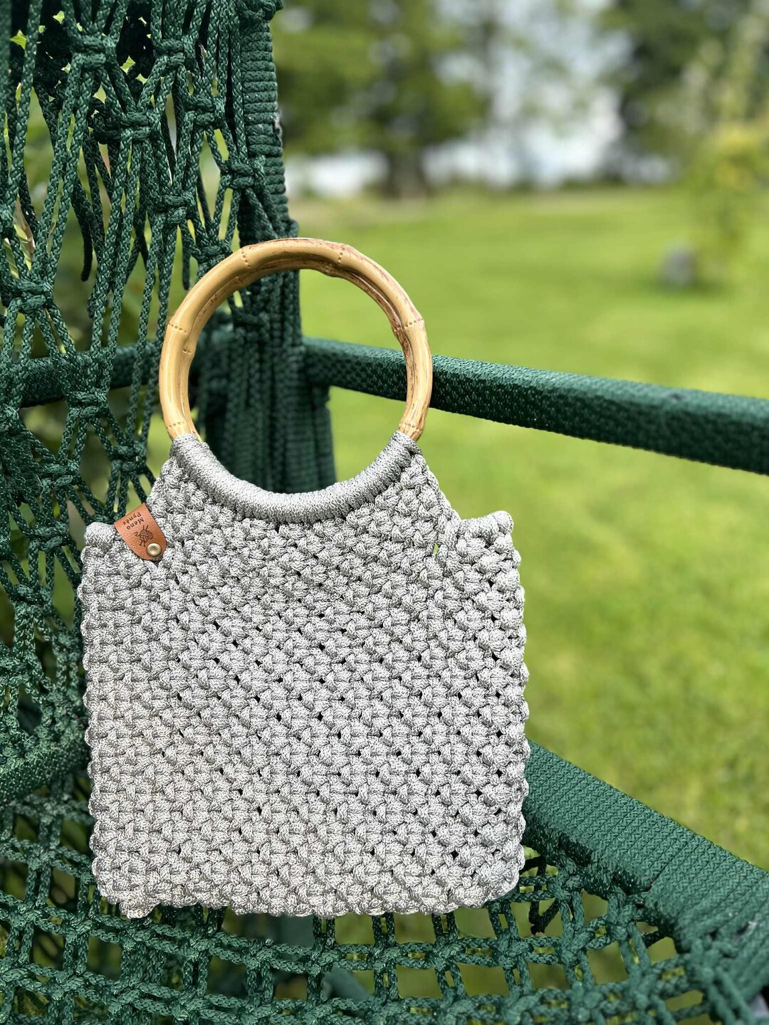 Handmade Macrame Tote: Grey Boho Bag With Bamboo Handles - Etsy