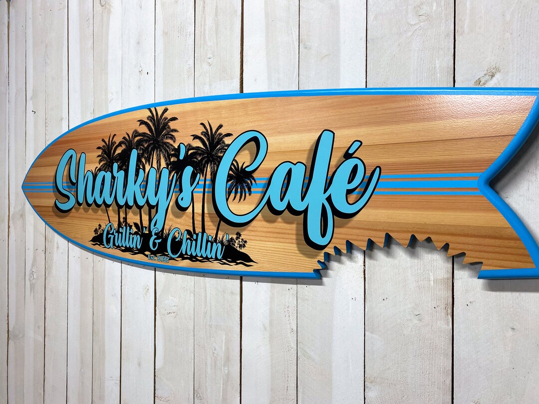 Surfboard Shark Bite Sign, Custom Sign, Tiki Signs, Coastal Beach Decor ...
