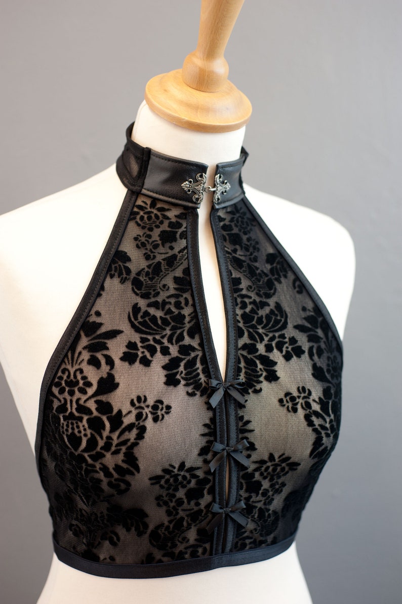 Black Velvet Mesh Halter Crop Top Gothic Sheer Vest S M L Xl Etsy