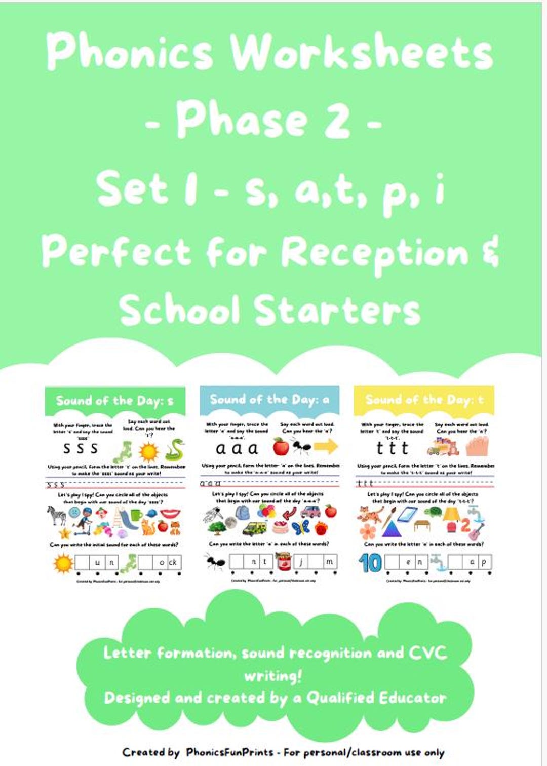 Phase 2 Phonics Worksheets S,a,t,p,i Set 1 - Etsy