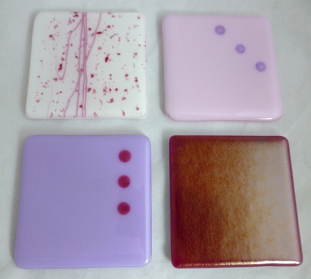 Hand Crafted Glass Coasters in Pink and Purple Art Glass Iridescent Set ...