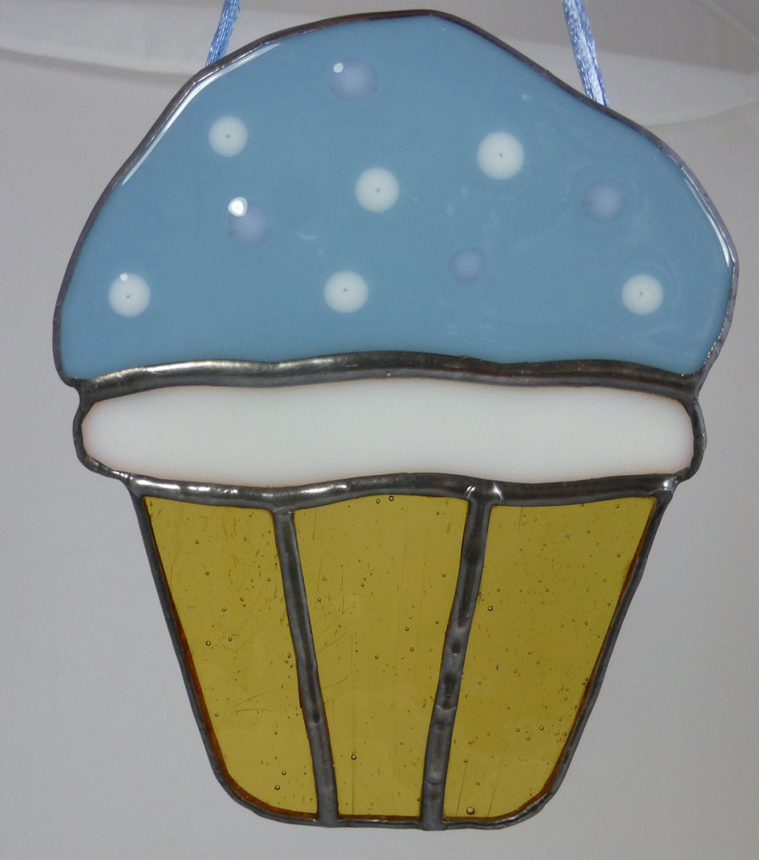 Hand Crafted Stained Glass and Fused Glass Cupcake With Blue Icing ...