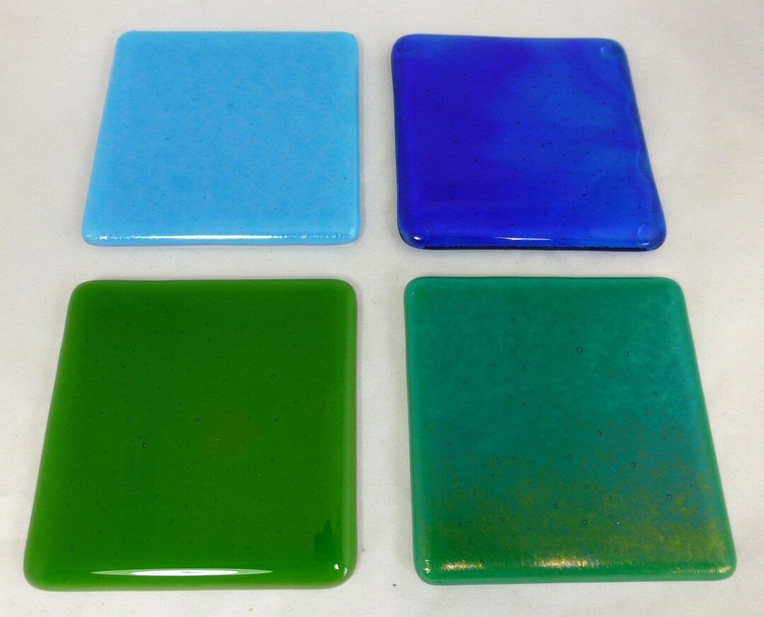 Hand Made Glass Coasters - Iridescent, Green, Turquoise, Blue - Set of ...