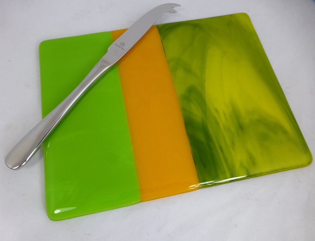 Hand Crafted Glass Cheese Board / Serving Mat - Fun Green and Yellow ...