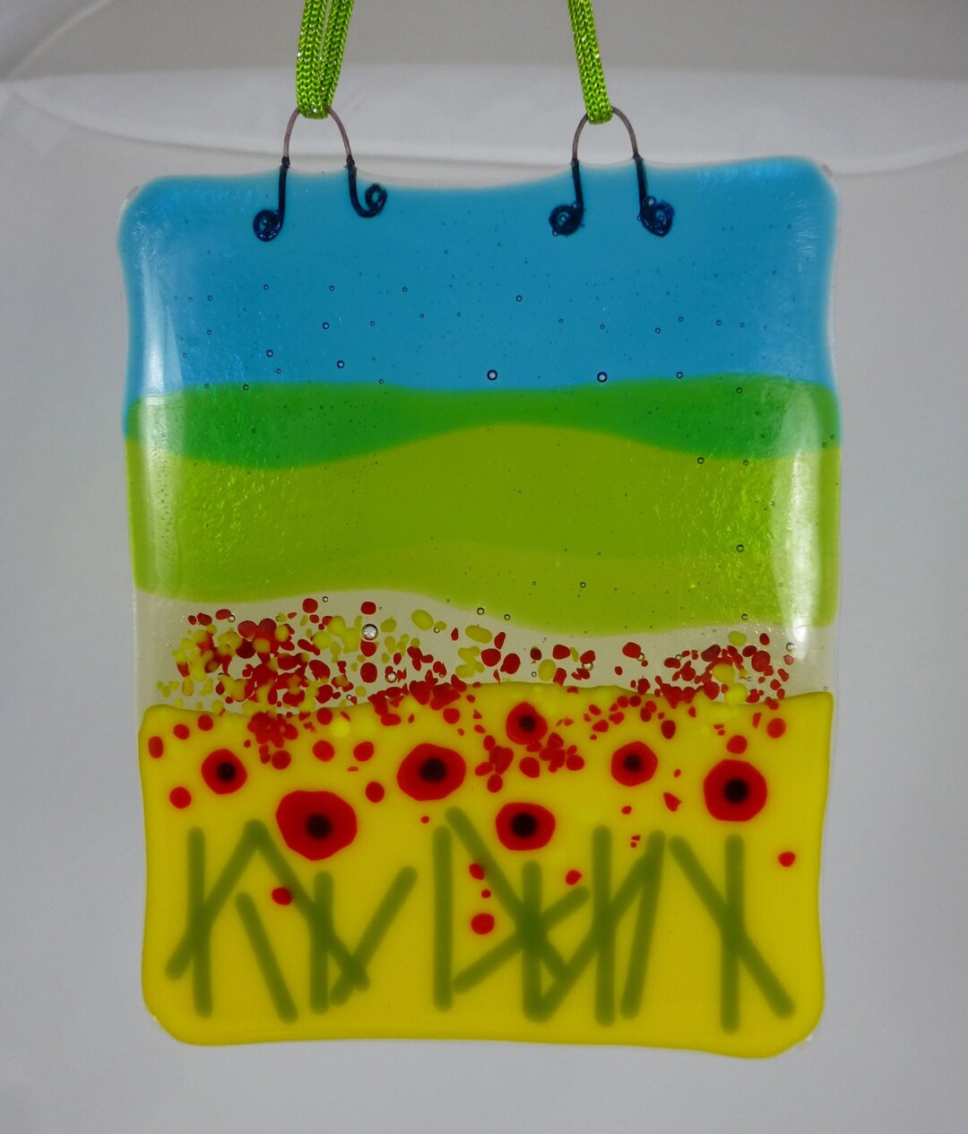 Hand Made Glass Poppy Fields Hanging Suncatcher Panel Wall Art - Hand ...