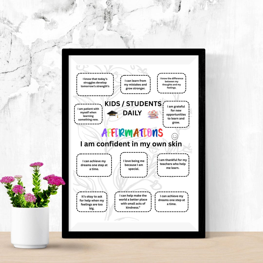 Kids Daily Affirmations Poster: Growth Mindset SEL Wall Art + Coloring ...