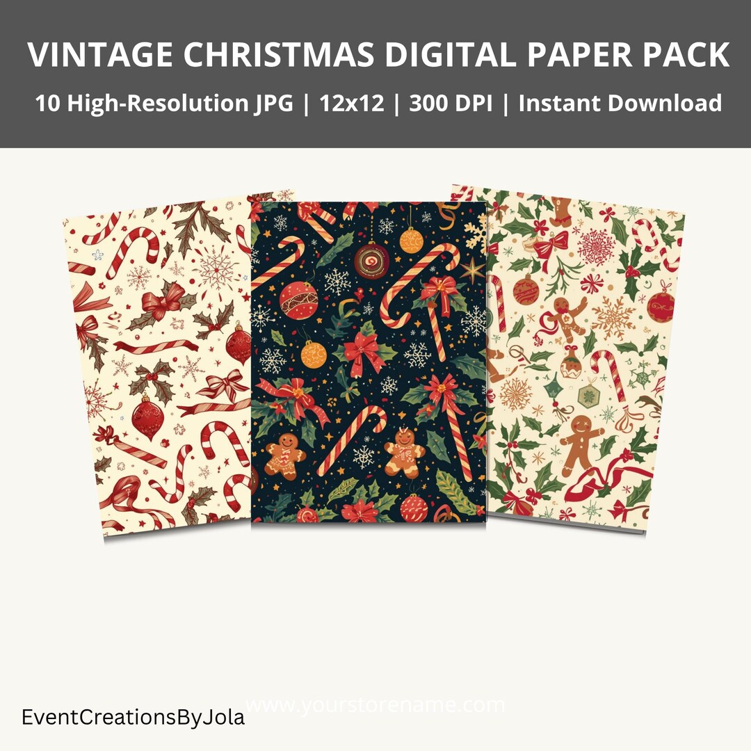 Vintage Christmas Digital Paper Pack: Retro Holiday Patterns (10 JPG ...