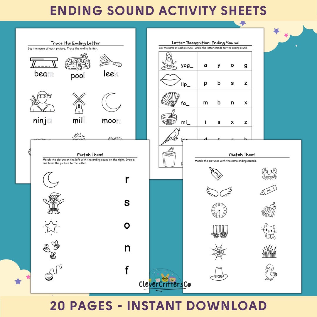 Ending Sound Letter Matching Activity Sheets Practice Reading Activity ...
