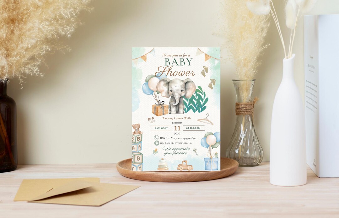 Watercolor Baby Elephant Invitation: Light Blue & Green Design - Etsy
