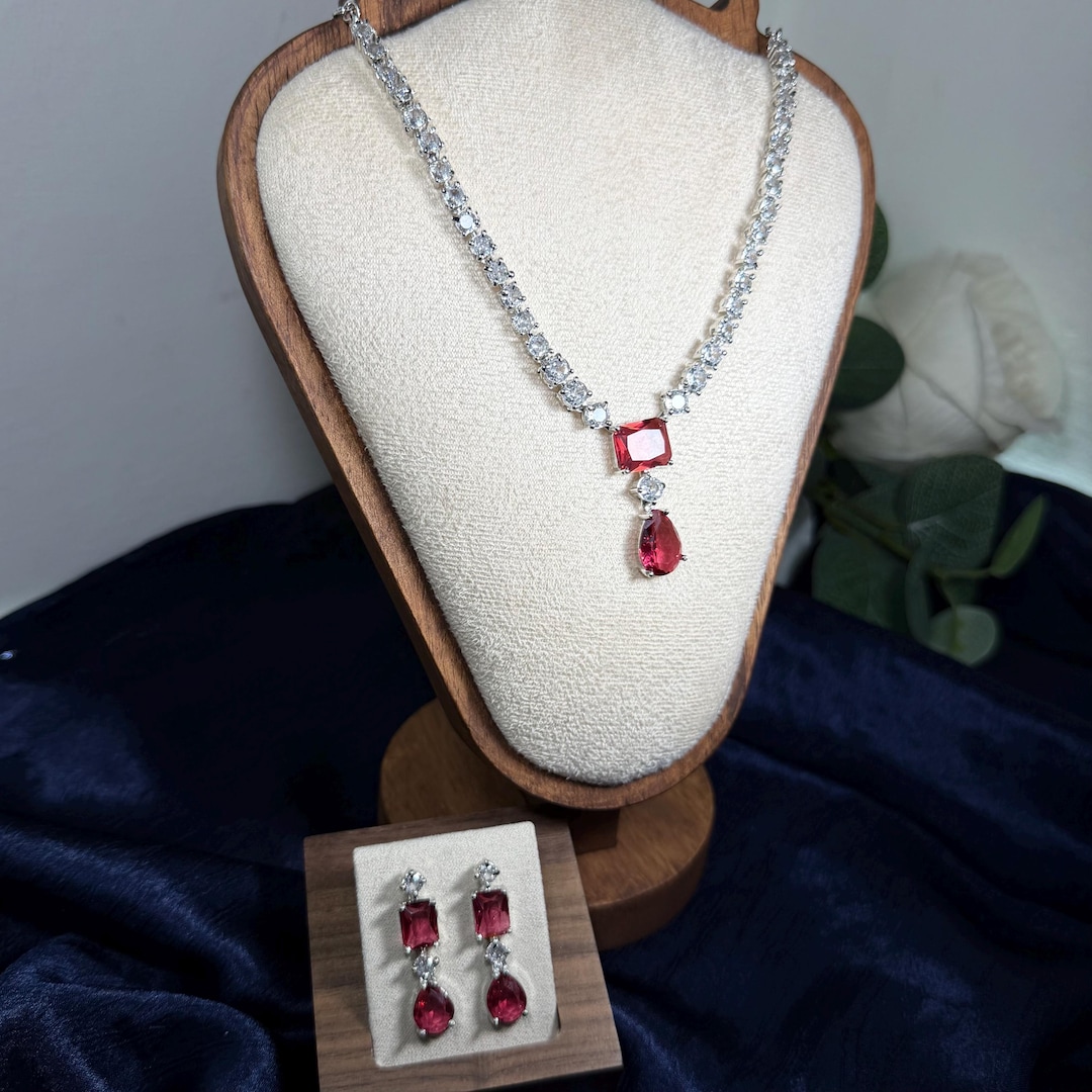 Ruby Red & Silver Crystal Necklace and Earrings Set | Sparkly Evening ...