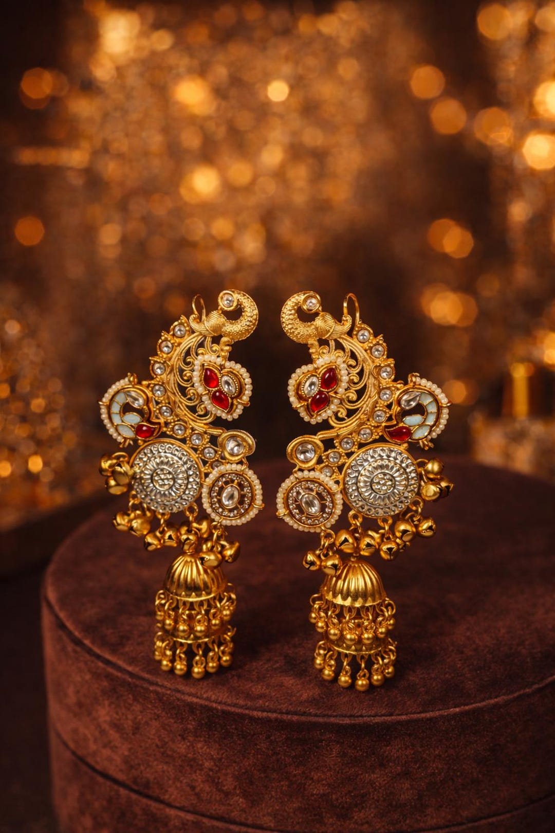Statement Gold Kashmiri Ear Cuff Jhumka Earrings I Peacock & Bells ...