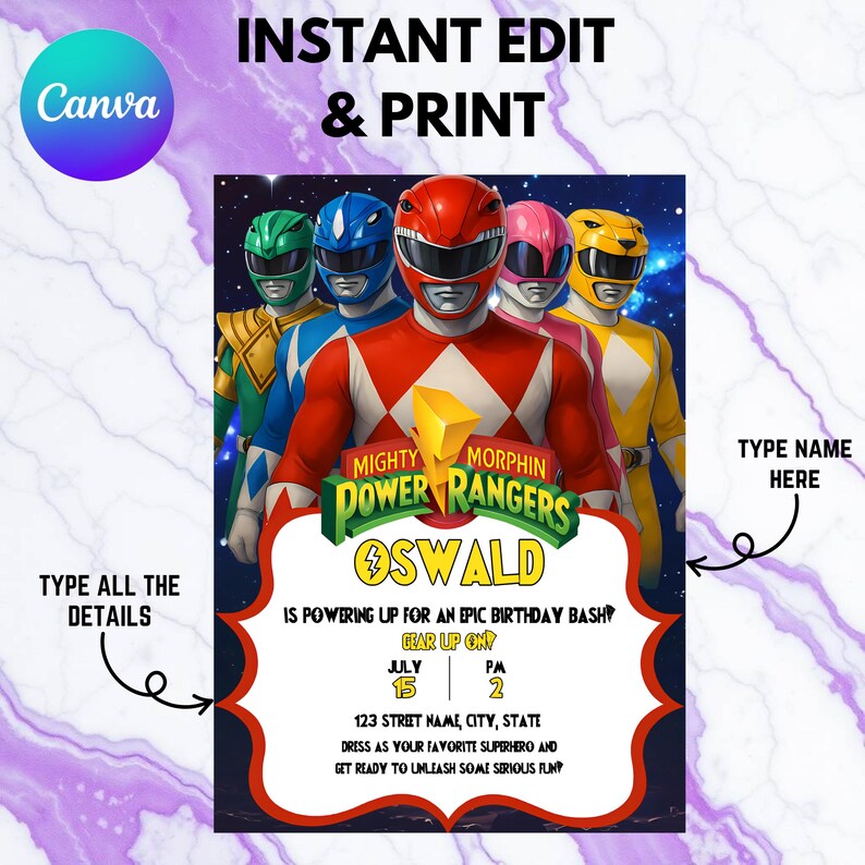 Power Rangers Birthday Invitation, Power Rangers Invite, Printable ...