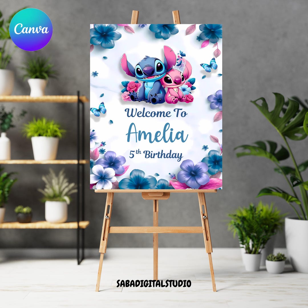 Stitch and Angel Welcome Sign, Birthday Party Invite, Editable Birthday ...