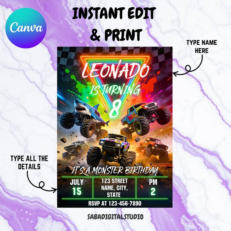 Monster Truck Invite Template, Monster Truck Birthday Party Invitation ...