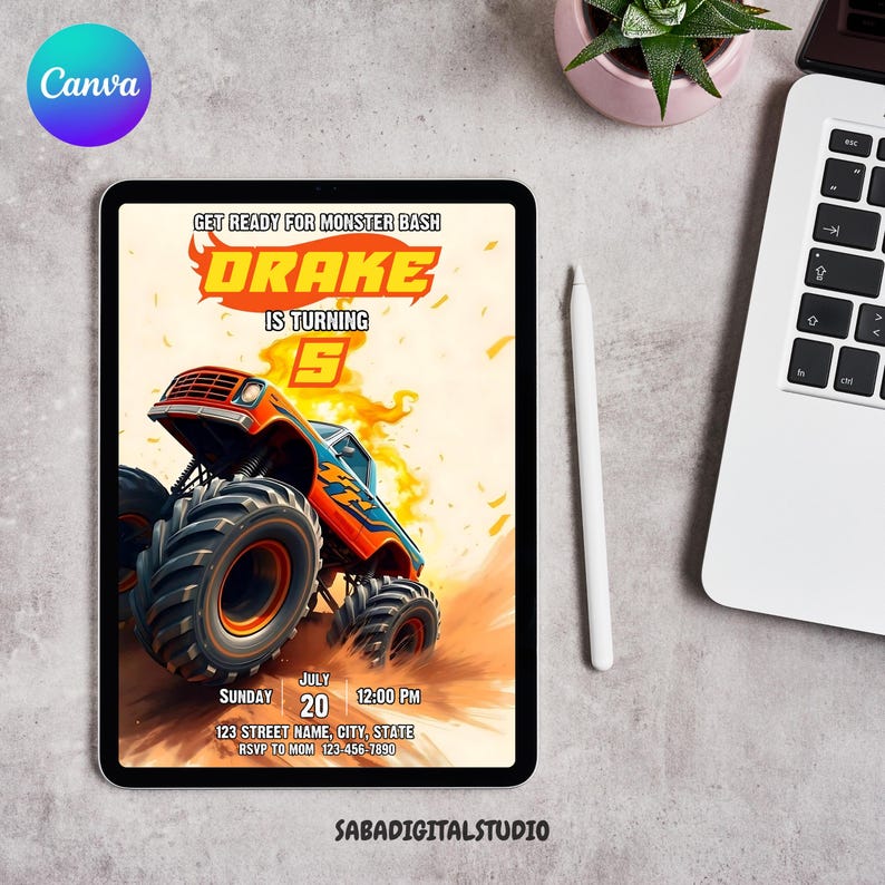 Printable Monster Truck Invitation, Monster Truck Party Invite, Truck ...