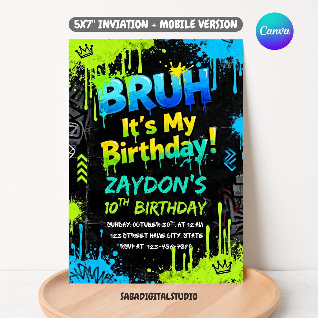 Graffiti BRUH It’s My Birthday! Birthday Invitation, Arcade Game Party ...