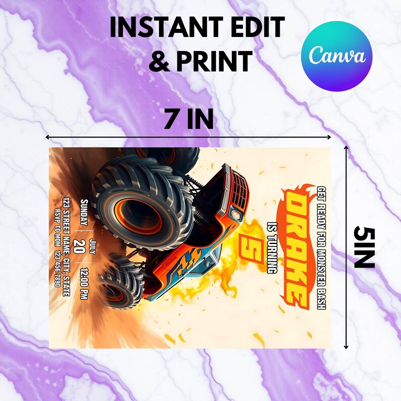 Printable Monster Truck Invitation, Monster Truck Party Invite, Truck ...