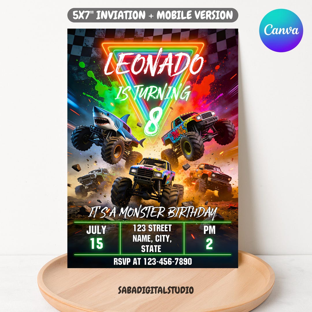 Monster Truck Invite Template, Monster Truck Birthday Party Invitation ...