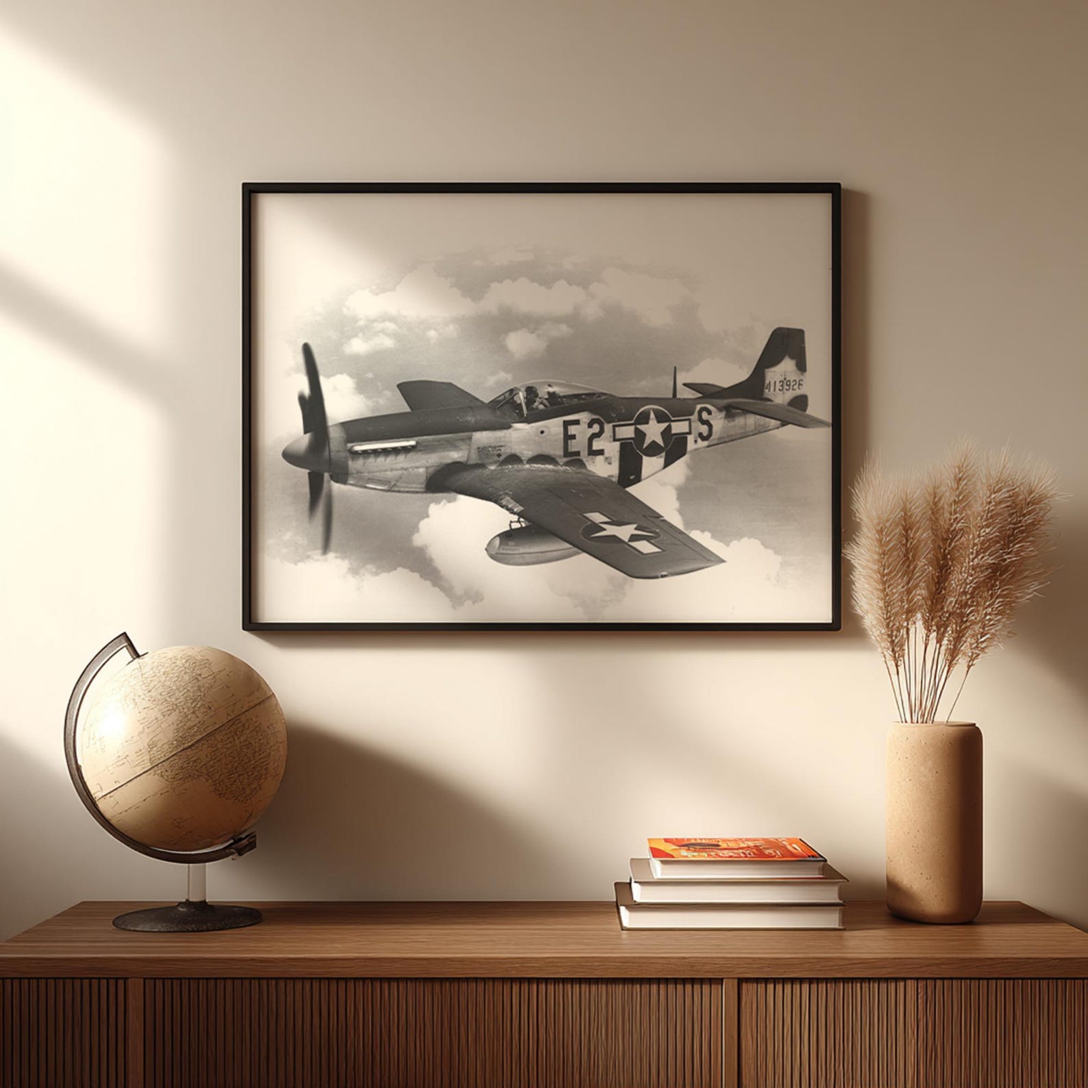 Vintage Fighter Plane Poster, Iconic P‑51 Mustang Artwork, Monochrome ...