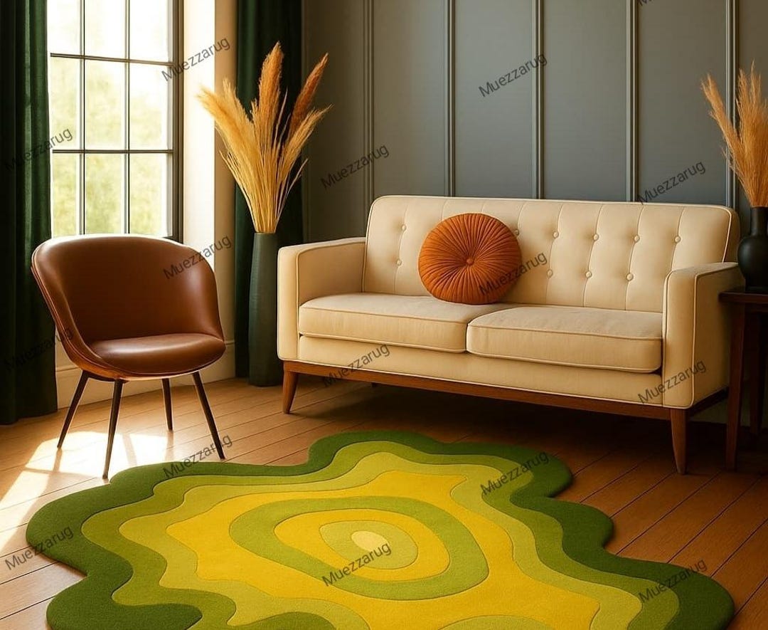 Modern Abstract Green Yellow Rug | Shaped Handmade Tufted Carpet ...