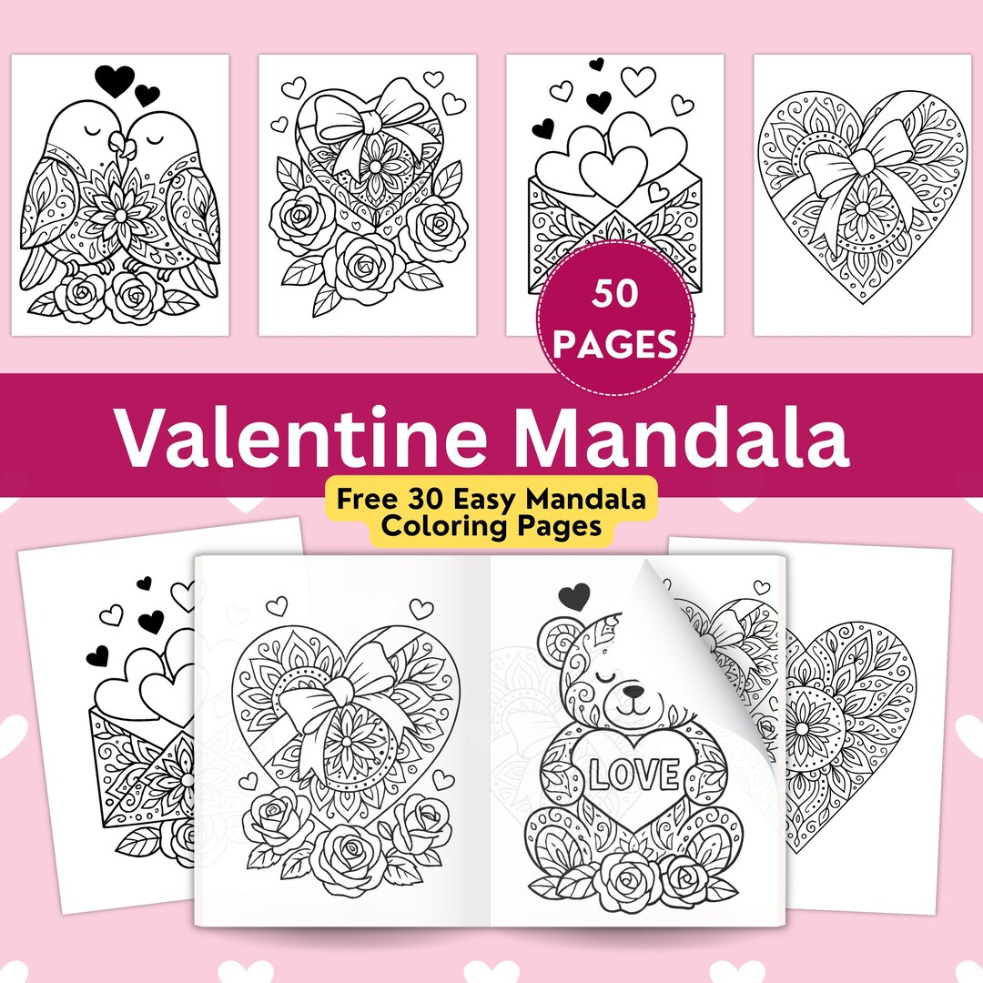 Valentine Mandala Coloring Book – 50 Printable Pages for Adults ...