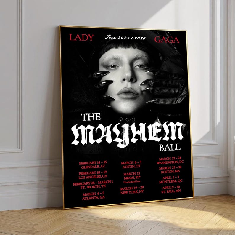 Lady Gaga the Mayhem Ball Tour Poster 2025–2026, Gothic Pop Concert ...