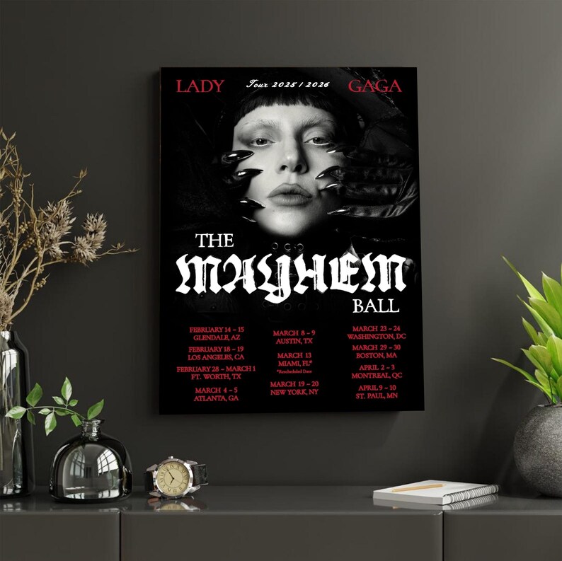 Lady Gaga the Mayhem Ball Tour Poster 2025–2026, Gothic Pop Concert ...