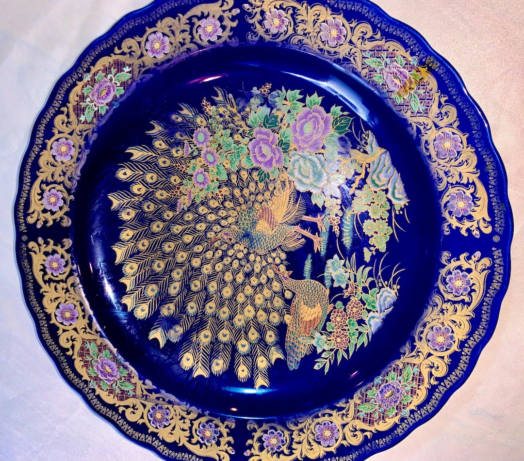 Vintage Moroccan Taous Plate 1970 , Hand-painted Blue, Gold Peacock ...