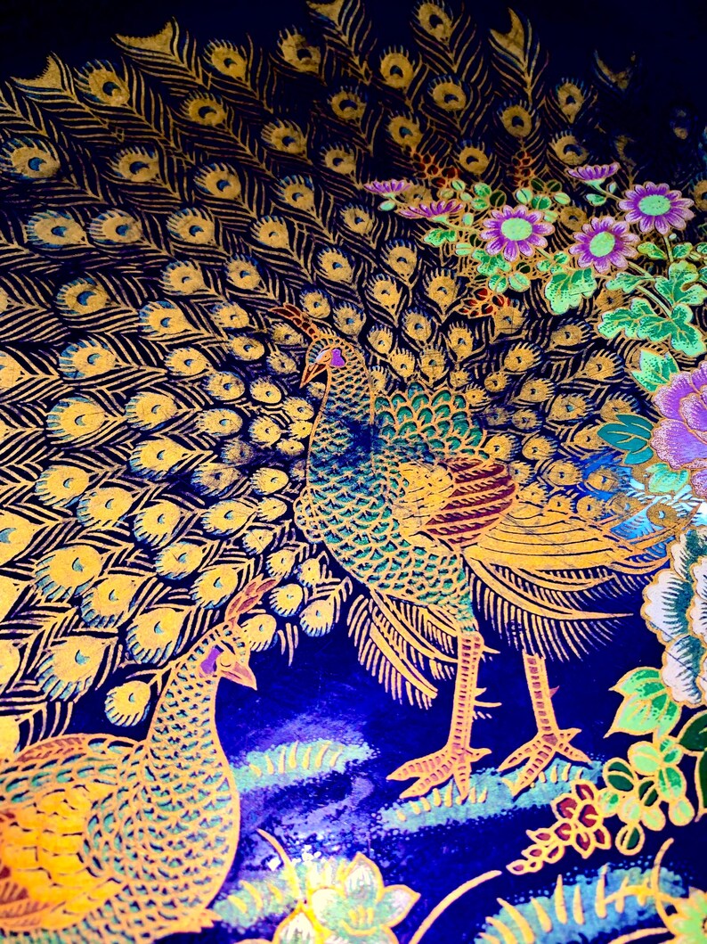 Vintage Moroccan Taous Plate 1970 , Hand-painted Blue, Gold Peacock ...