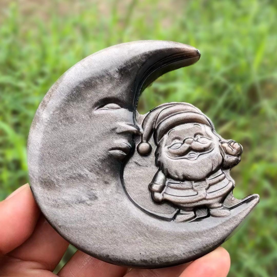 3‘’silver Obsidian Santa Moon Face Carving, Hand Carved Gemstone ...