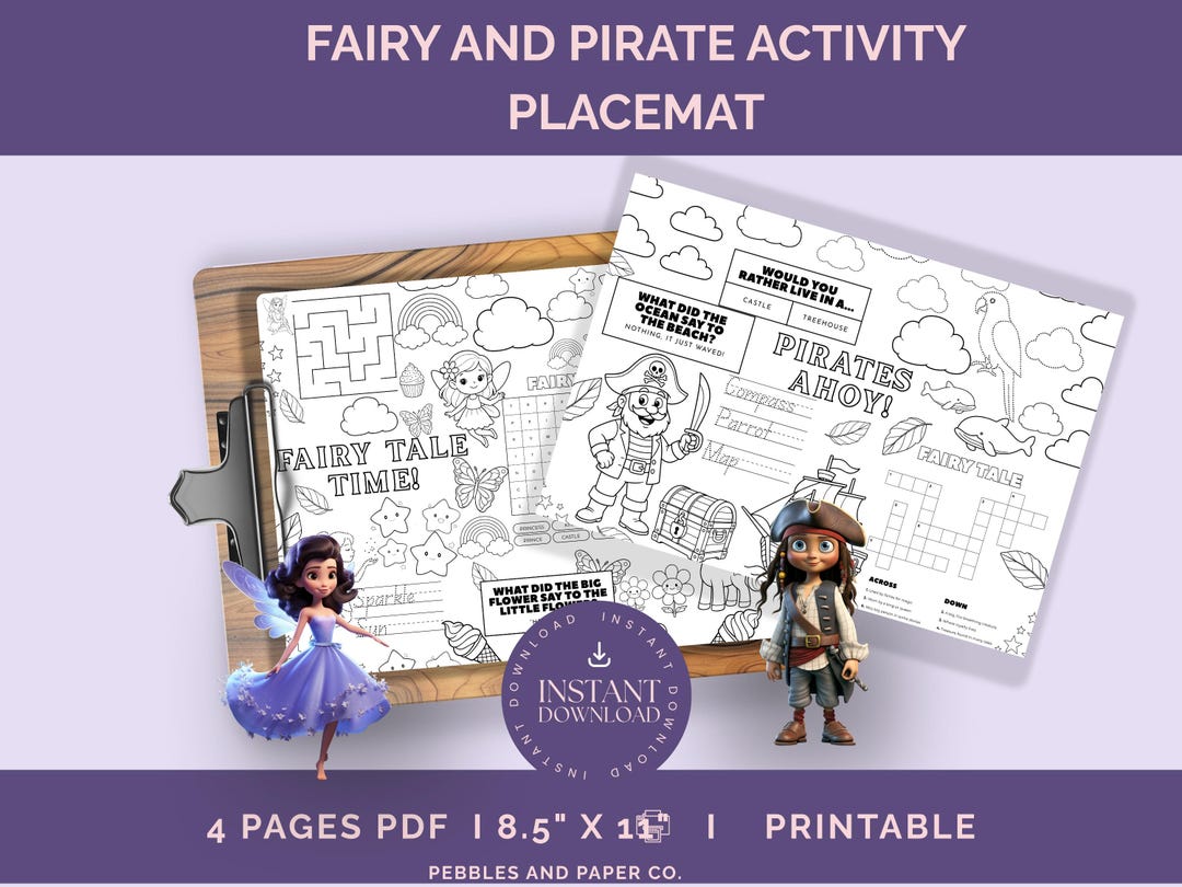 Fairy Tale and Pirates Activity Placemat, Princess Pirate Birthday Game ...