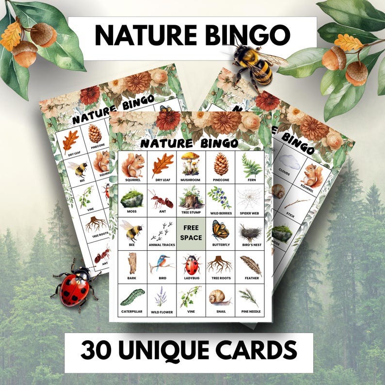 30+ Nature Bingo Printable Game for Kids, Forest Themed Educational ...