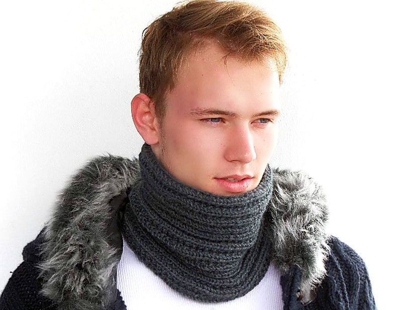 Mens Infinity Scarf Knit Gray Snood Chunky Scarf Crochet Scarf - Etsy