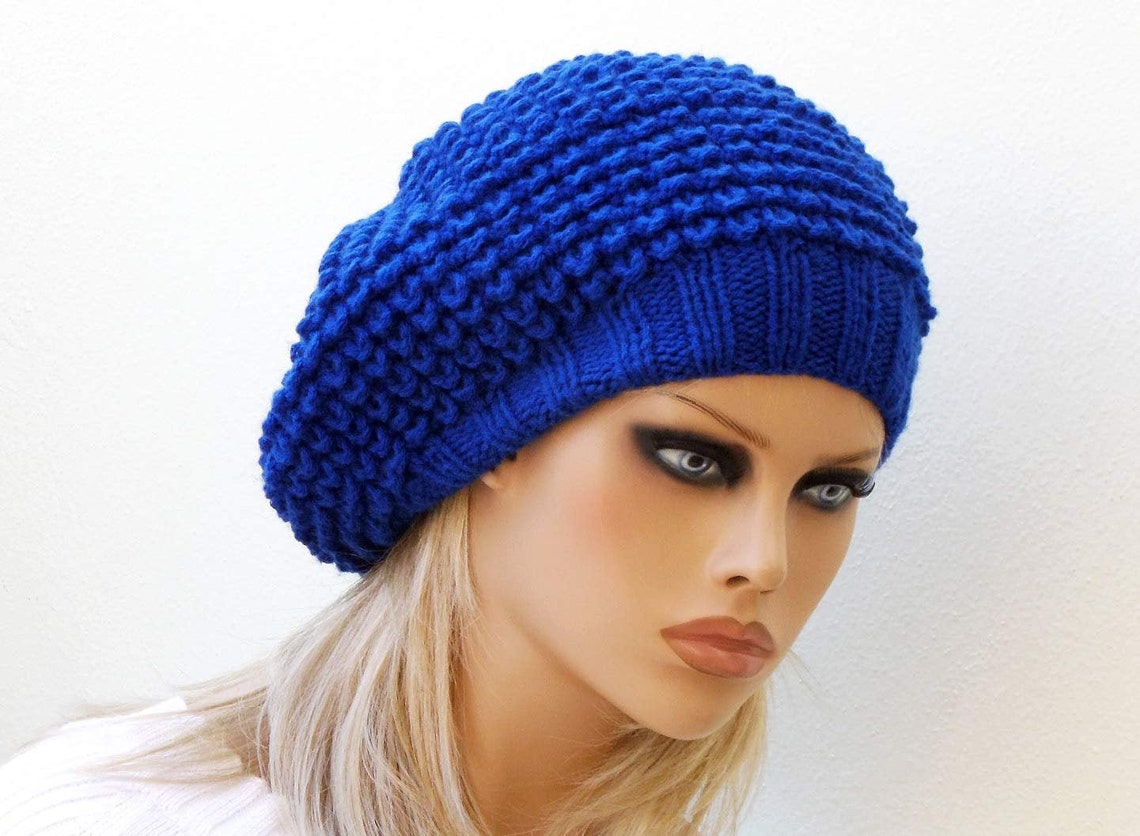 Oversized Beret Royal Blue Knit Hat Alpaca Wool Slouchy Beanie | Etsy